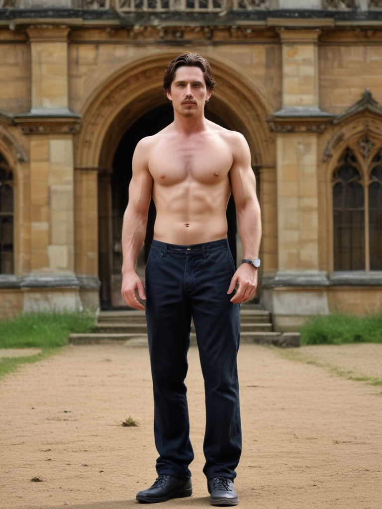 christian bale, full body, background wollaton hall