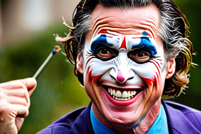 Gavin Newsom as The Joker with makeup laughing hysterically