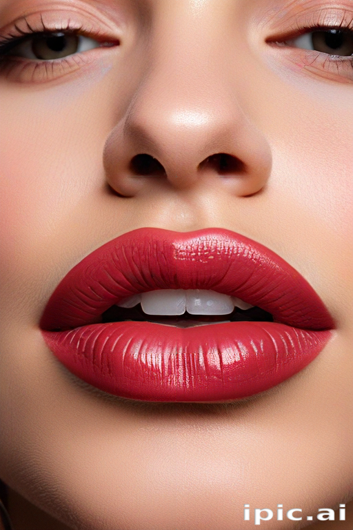 Close-Up of Beautifully Glossy Red Lips with Subtle Makeup Details