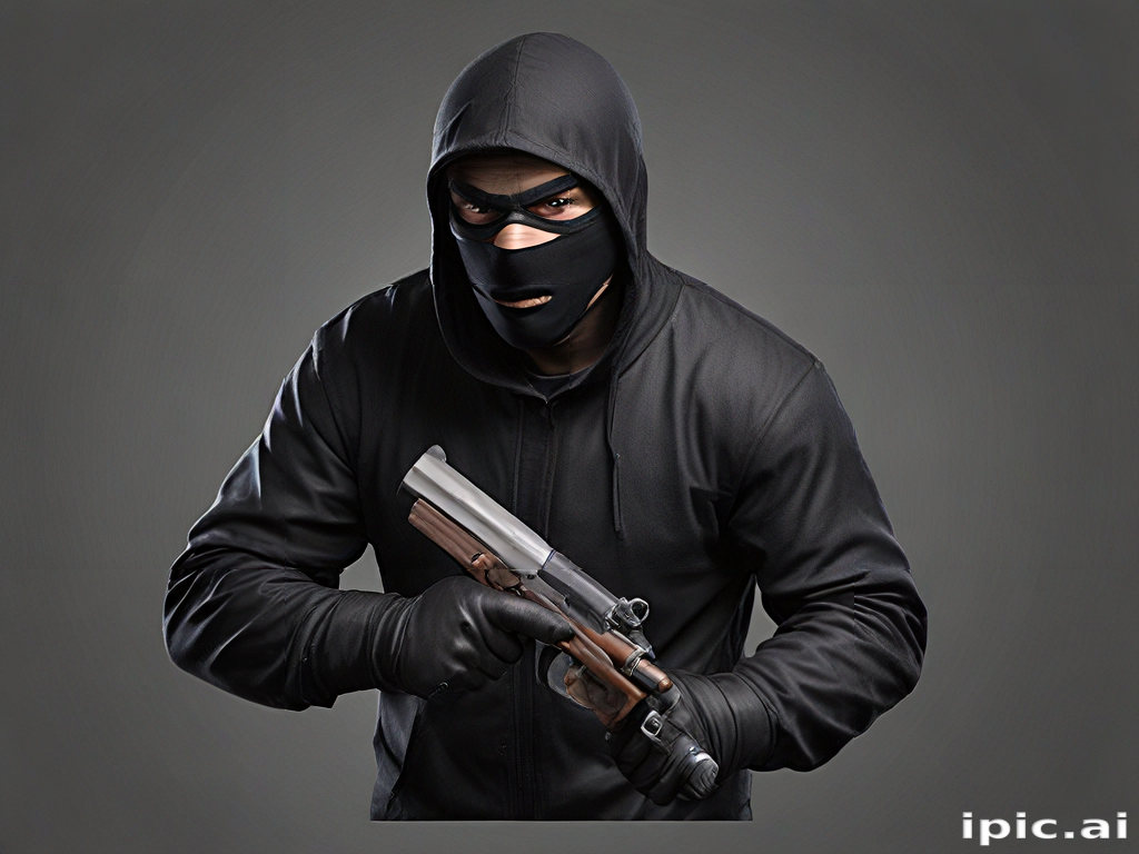 Masked Individual in Black Gear Holding a Firearm in a Dark Setting