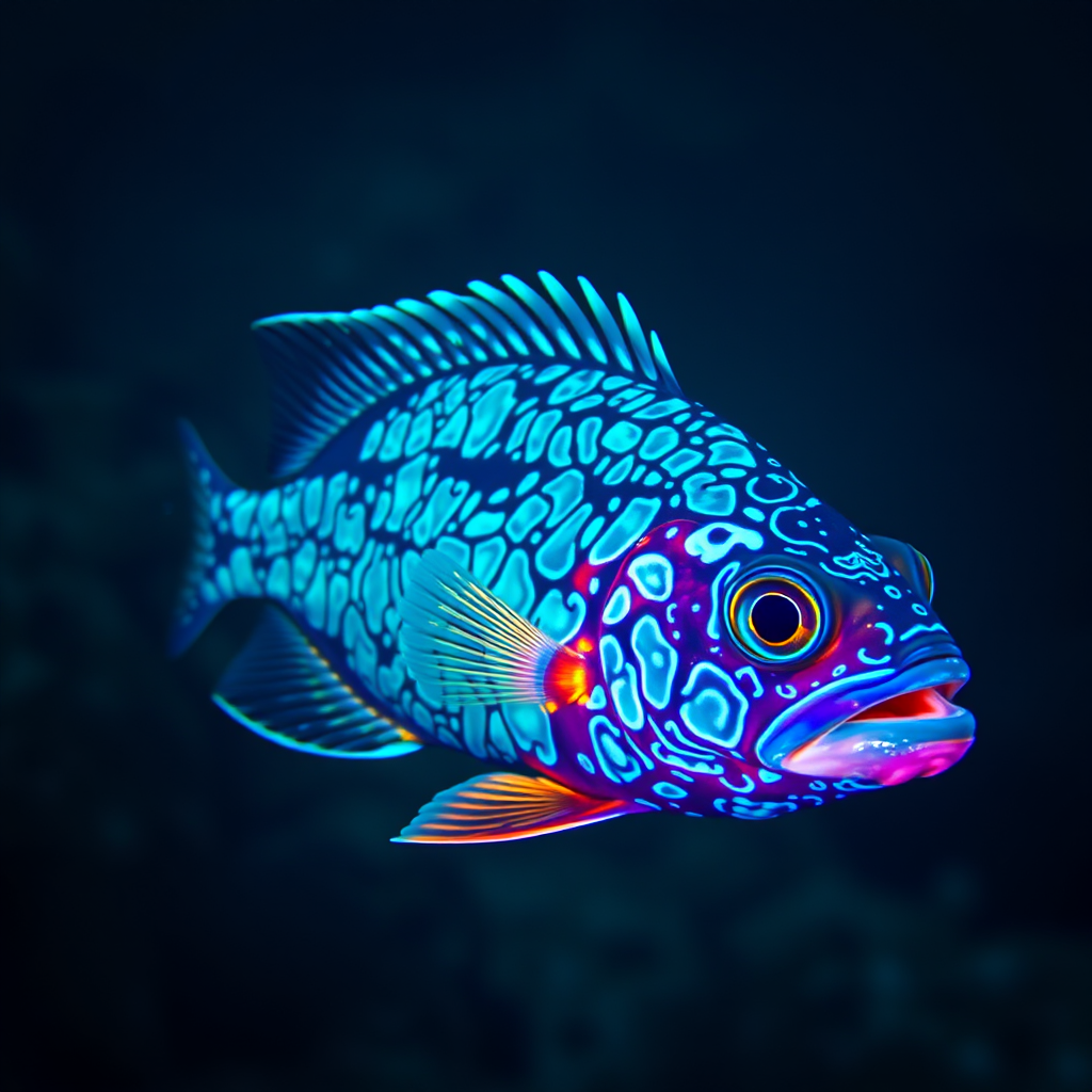 Underwater scene featuring a bioluminescent fish with intricate ...