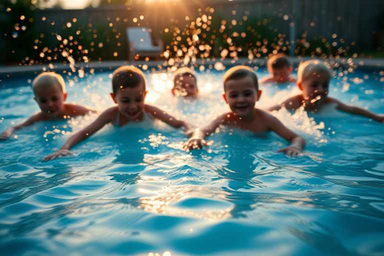 Joyful Children Splashing and Playing Together in a Sunny Swimming Pool