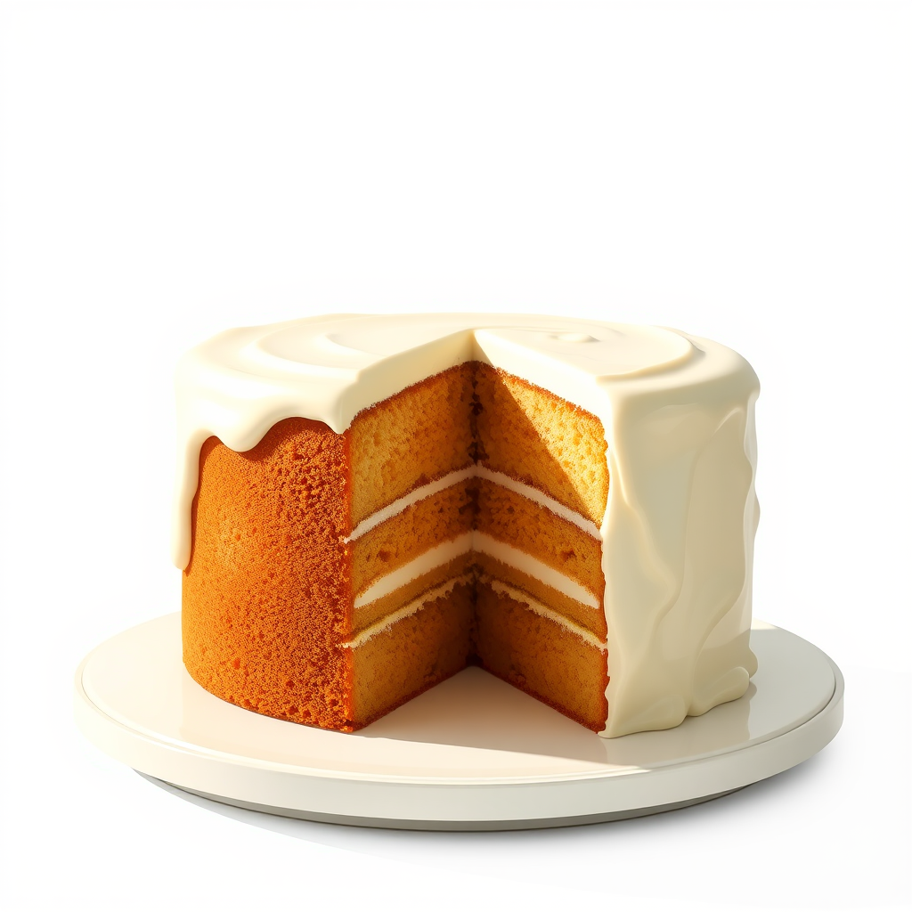 Create a highly detailed illustration of a layered cake with a glossy ...