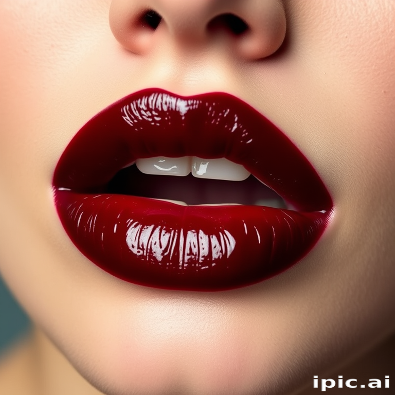 Close-Up of Glossy Red Lips with a Subtle Shine and Detail
