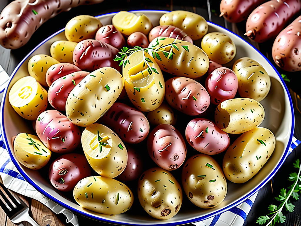 A Colorful Array of Fresh Potatoes with Herbs in a Bowl.