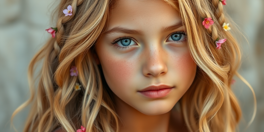 A Close-Up Portrait of a Young Girl with Flowers in Her Hair.