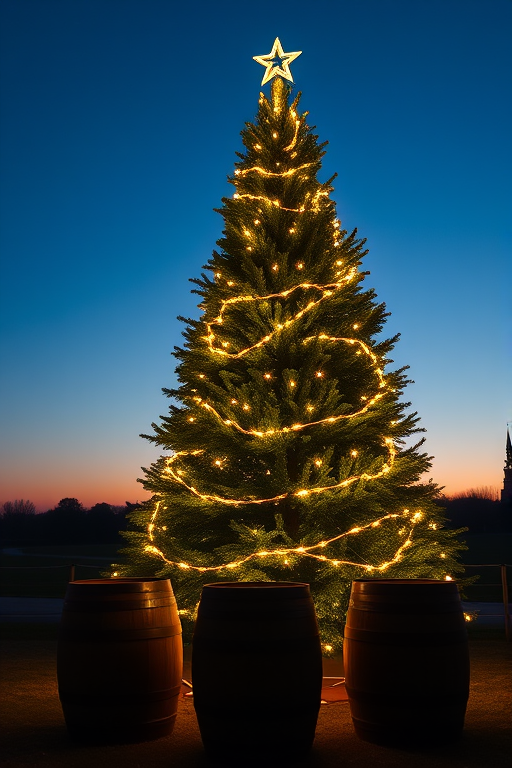 Beautifully Lit Christmas Tree Under a Starry Sky at Dusk