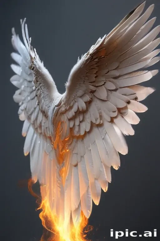 Majestic White Angel Wings Emanating Flames in a Dramatic Display