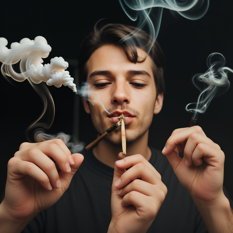 Young Man Skillfully Balancing Three Different Cigarettes While Smoking