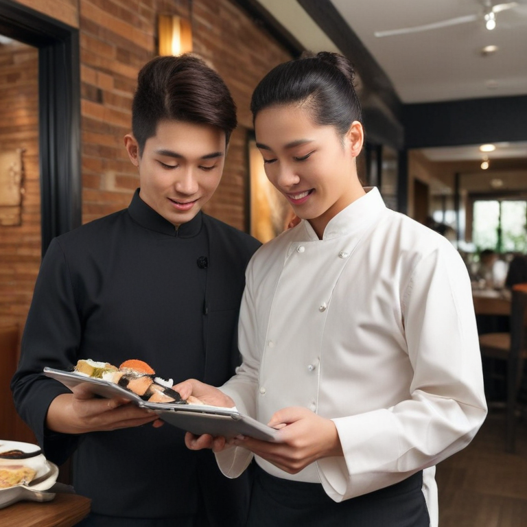 Two chinese waiter carrying out a tablet from a sushi restaurant