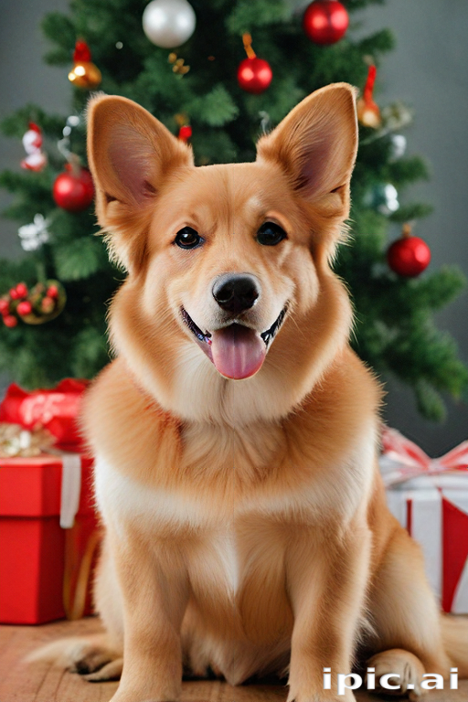 Adorable Corgi Poses Cheerfully in Front of Christmas Tree and Gifts