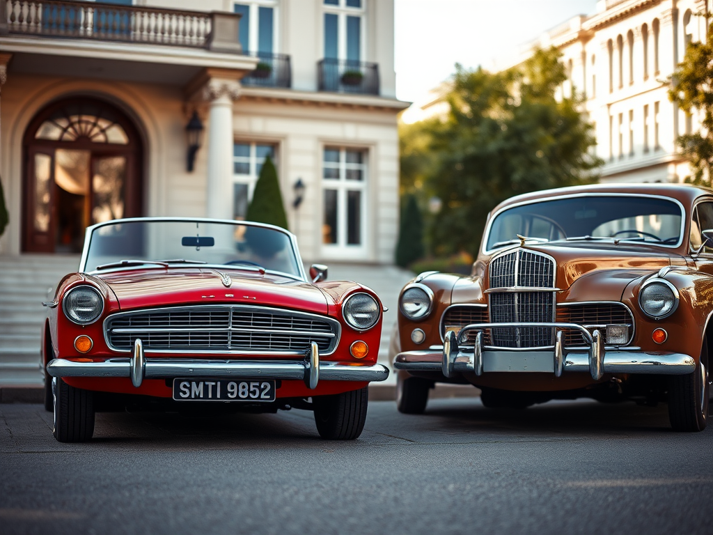 Classic Cars Displayed in Front of Elegant Historic Building on a Sunny Day