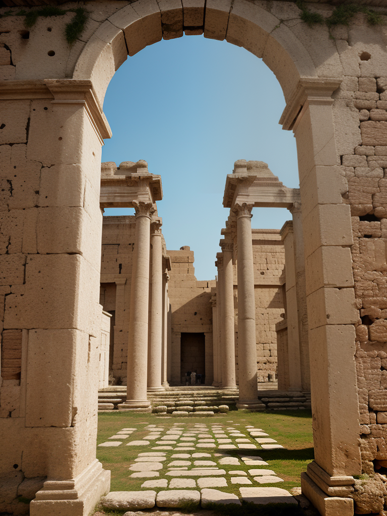 Ancient Ruins with Stone Columns and Archway Leading to Historic Site