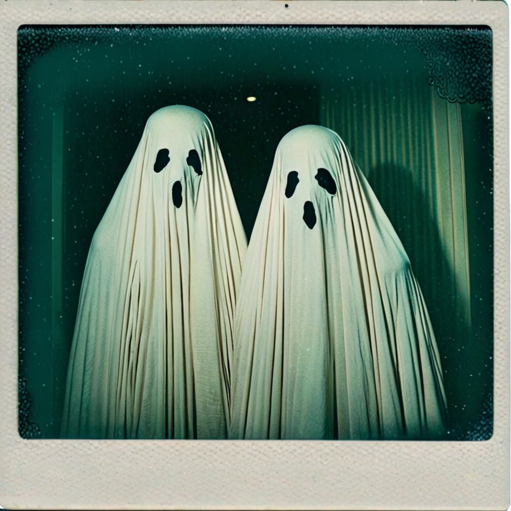 a close up polaroid of two male ghosts