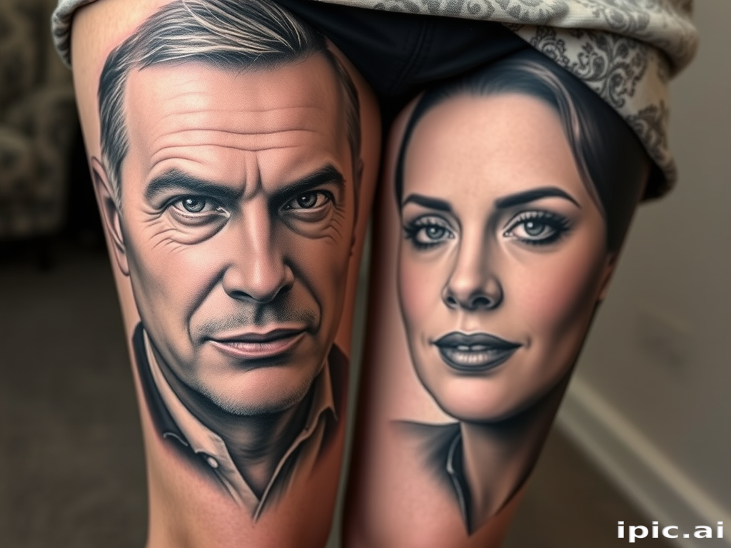 Realistic Portrait Tattoos of a Man and Woman on Thighs