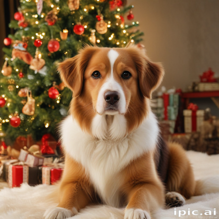 A Festive Dog Posing Beautifully in Front of a Christmas Tree.