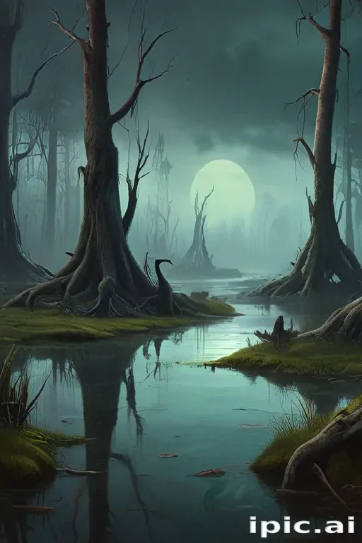 Enchanting Moonlit Swamp Scene with Silhouetted Trees and Tranquil Waters