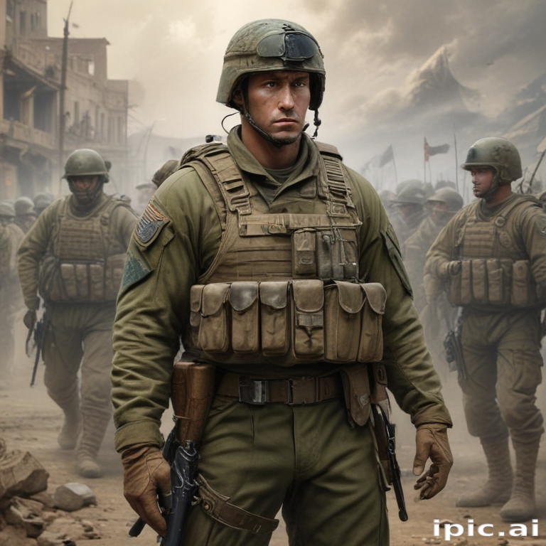 Soldiers Marching Through a War-Torn Landscape with Determined Expressions