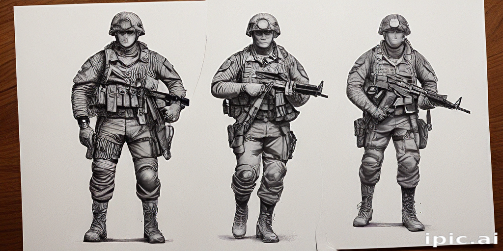 Three Detailed Illustrations of Soldiers in Tactical Gear and Weapons
