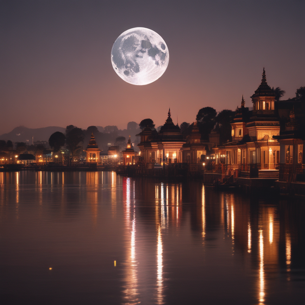 Serene visuals of a full moon rising over a calm body of water. Close ...