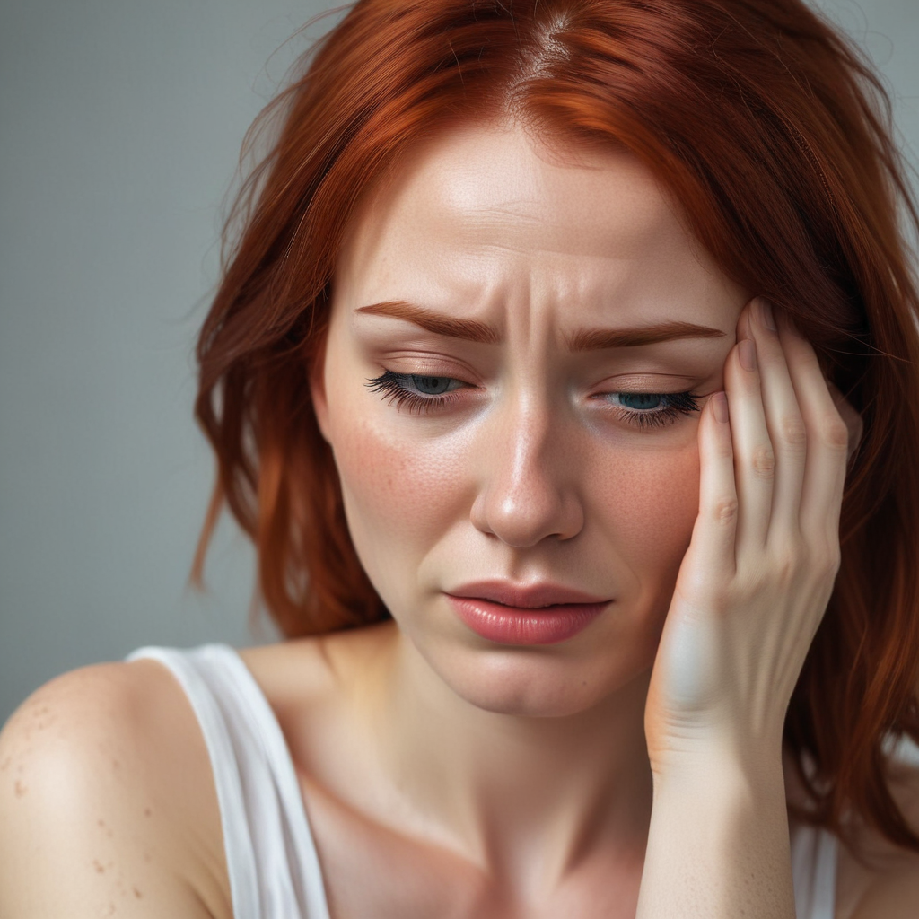 Thin woman with red hair crying very sadly