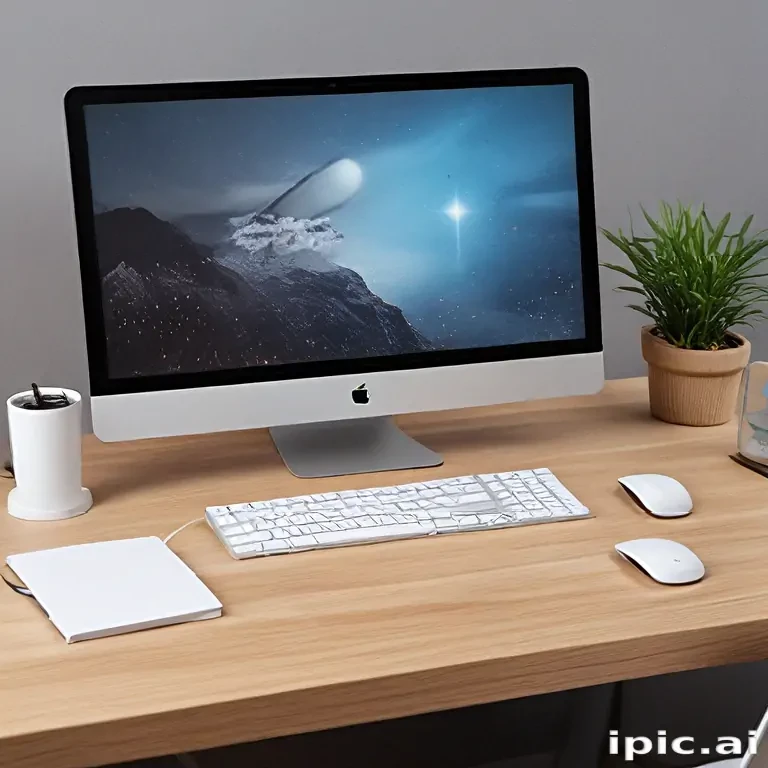 Modern Workspace Setup Featuring an Apple Computer and Minimalist Decor