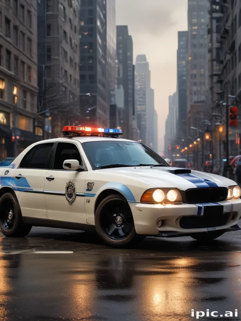 Urban Police Car on a Rainy City Street with Emergency Lights