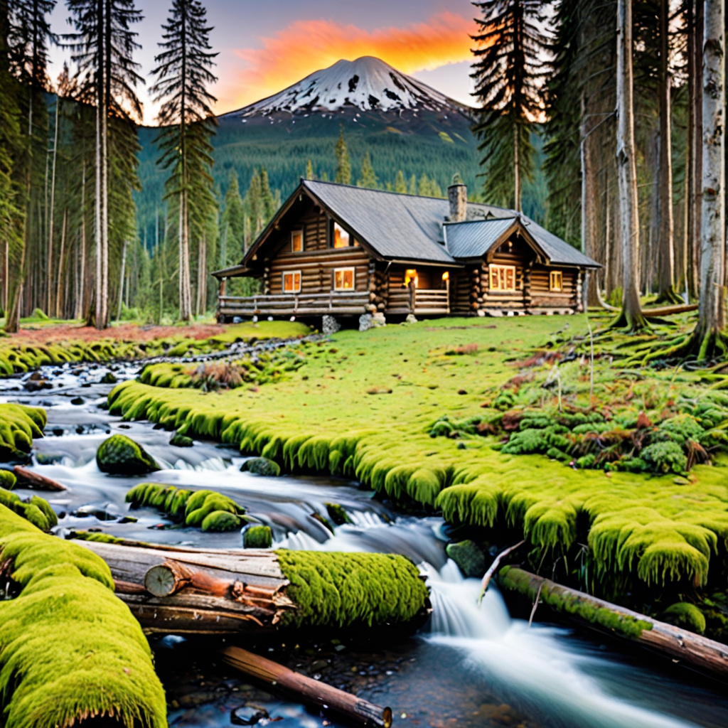 a large log log house near a mossy stream in an evergreen forest with ...