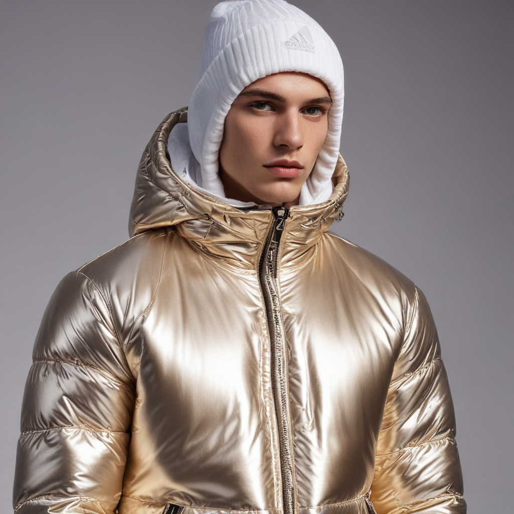 Male supermodel adidas shiny puffer jacket bling jewellery hood