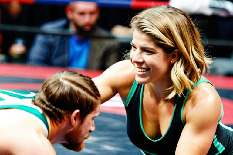 Emily Bett Rickards lossing to Jessica Biel in wrestling.