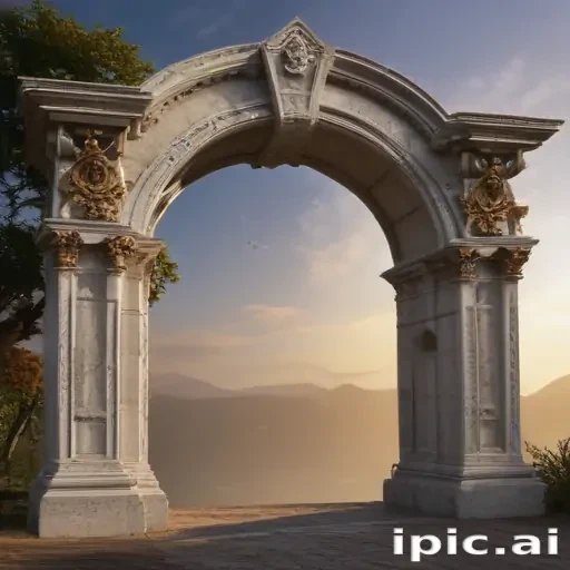Majestic Marble Archway Overlooking Serene Mountains at Sunset Time