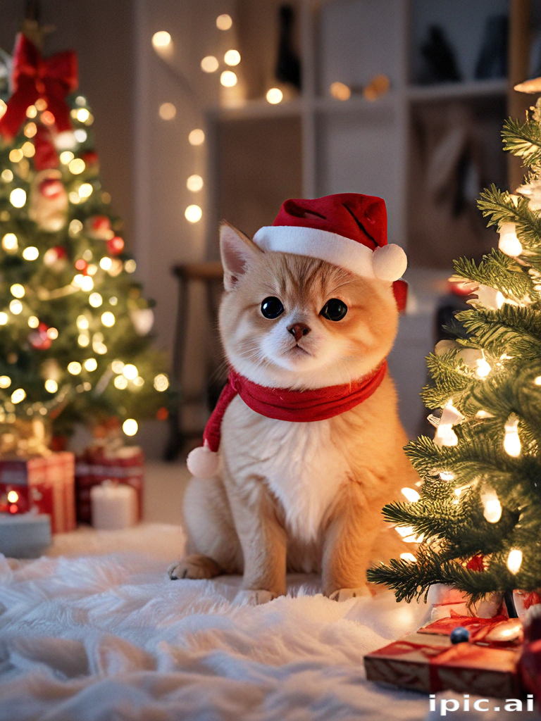 Adorable Cat in Santa Hat Surrounded by Festive Christmas Decorations