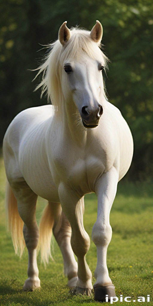 A Majestic White Horse Gracefully Walking Through a Lush Green Field
