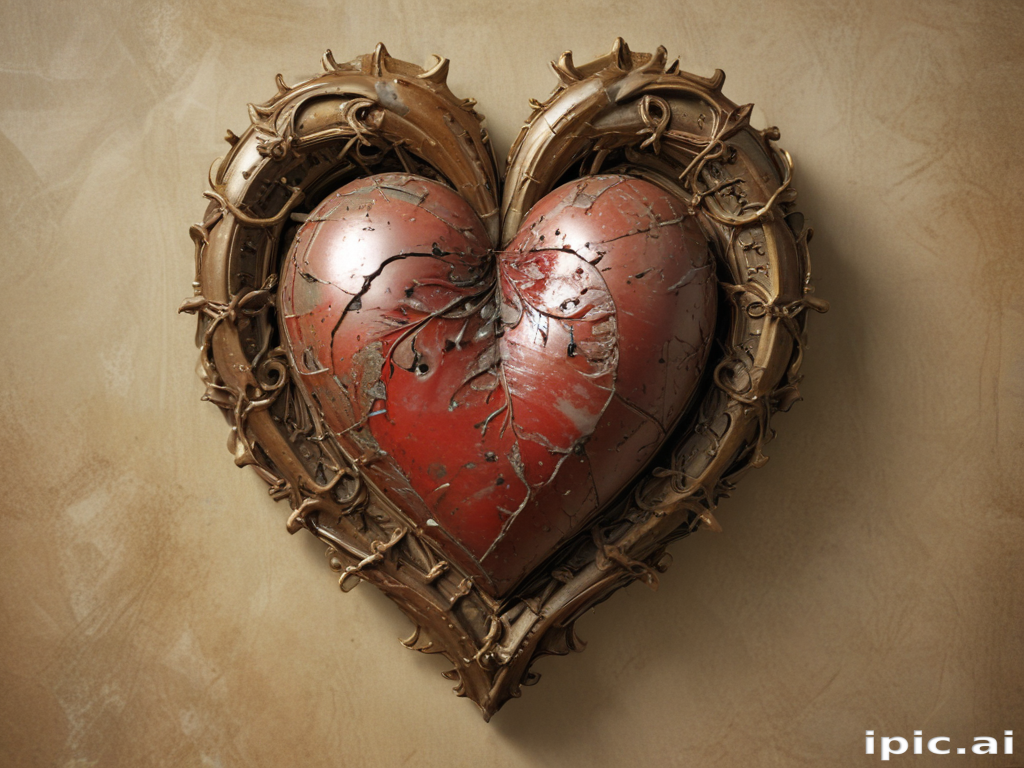 Intricate Heart Sculpture with Cracks and Elegant Thorny Frame Design