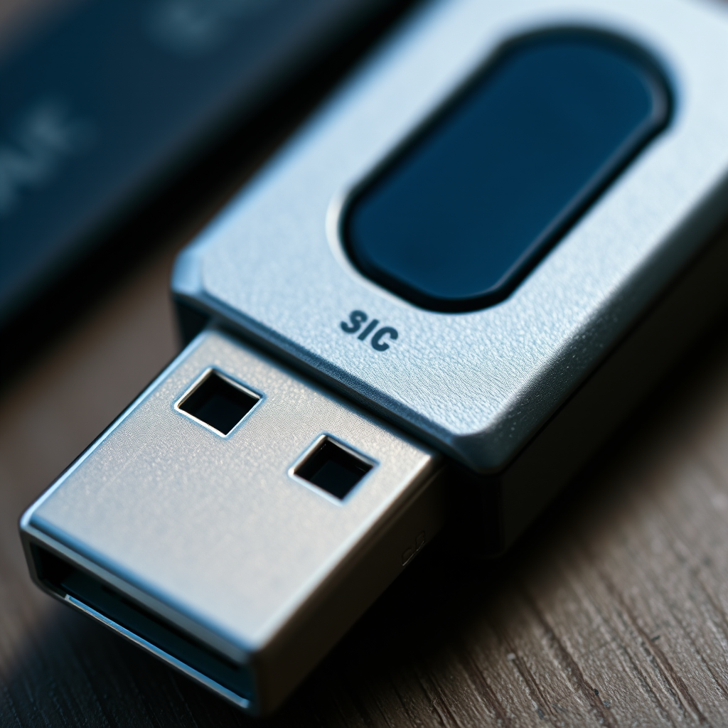 Close-Up View of a Silver USB Flash Drive on a Wooden Surface