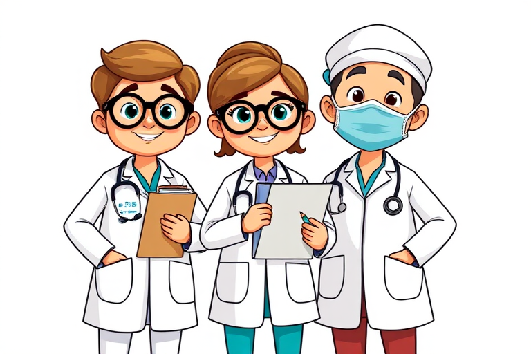 Create an illustration of three cartoon doctors standing together, one ...