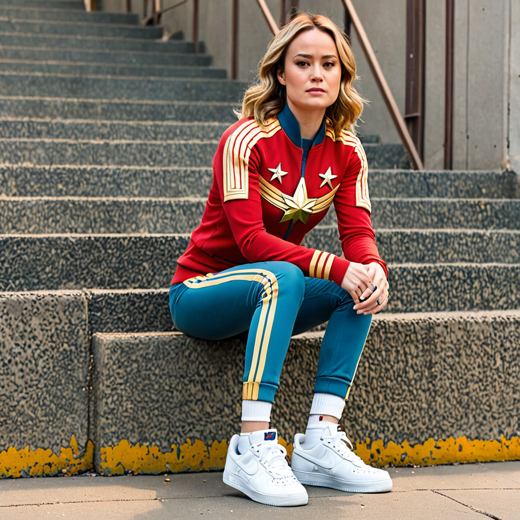 Brie Larson Carol Danvers sitting in her Captain Marvel Costume, White ...
