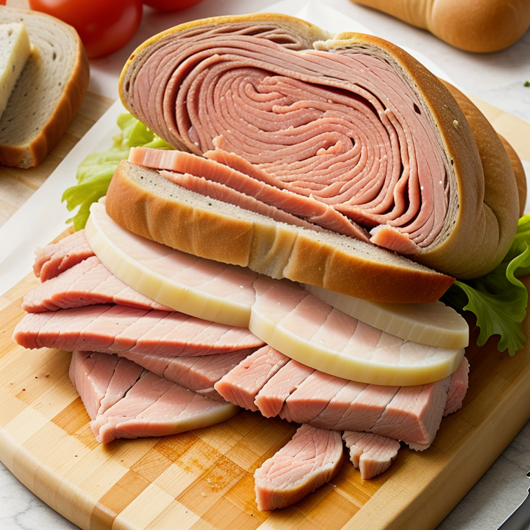 Delicious Layers of Deli Meat and Fresh Bread on a Cutting Board