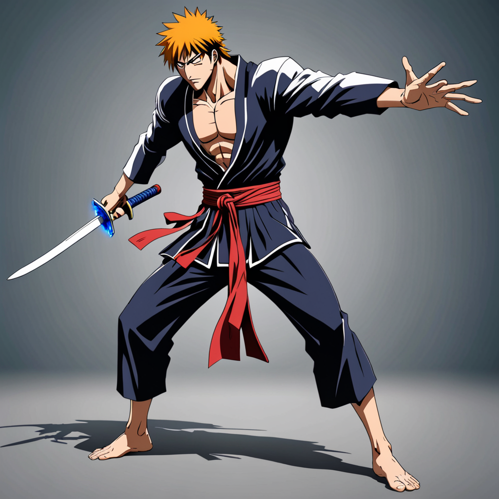 anime fighter in a dinamic pose in anime bleach style