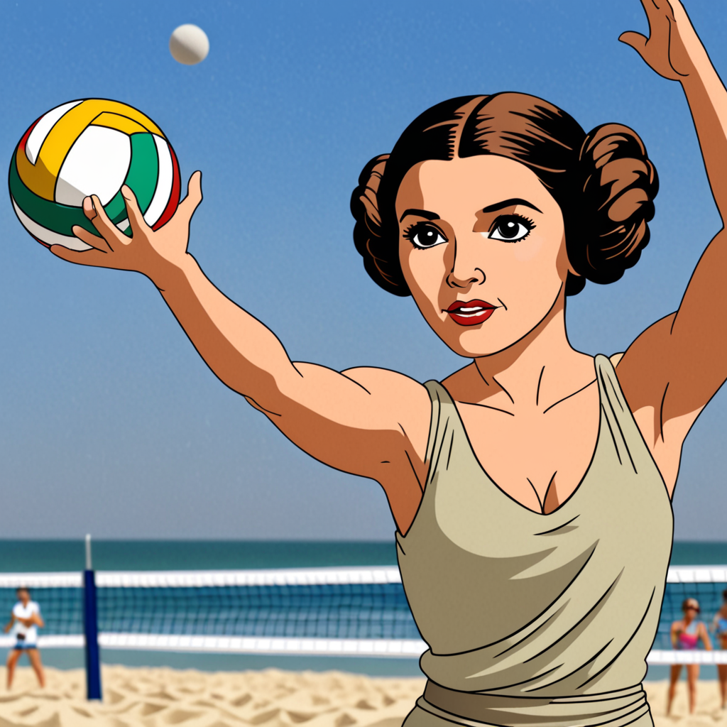 Princess Leia animated playing beach volleyball