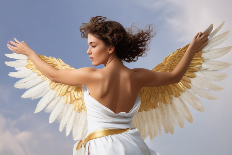 a brunette in a white toga with gold and white wings. The hair is brown ...