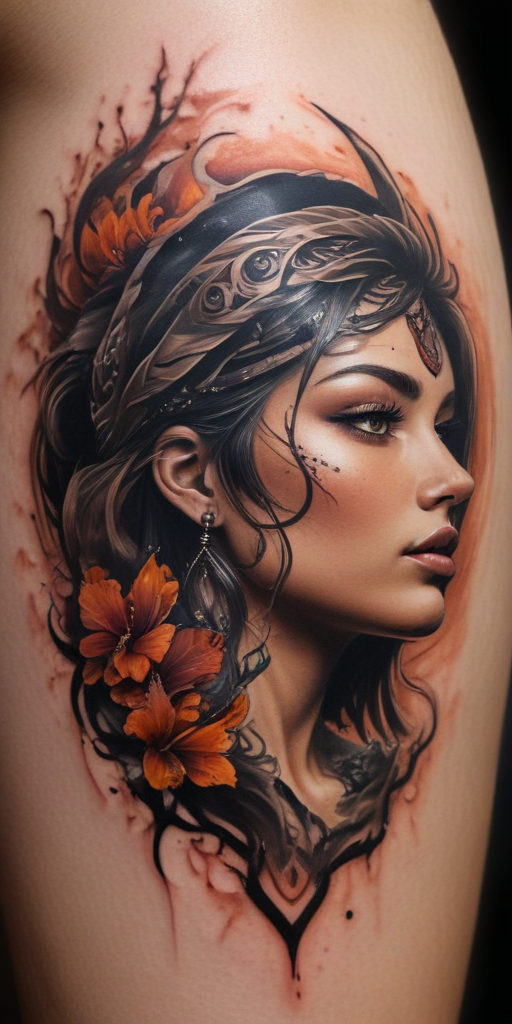 Intricate Tattoo Design Depicting a Woman with Floral Accents and Jewelry