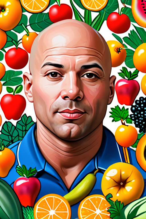 Draw a picture of a bald man surrounded by fruits and vegetables