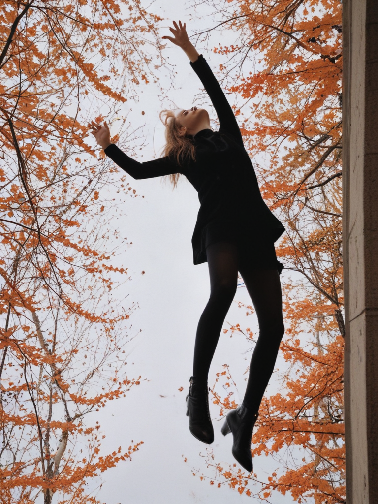 Embracing Freedom: A Joyful Leap Amidst Autumn's Vibrant Orange Leaves
