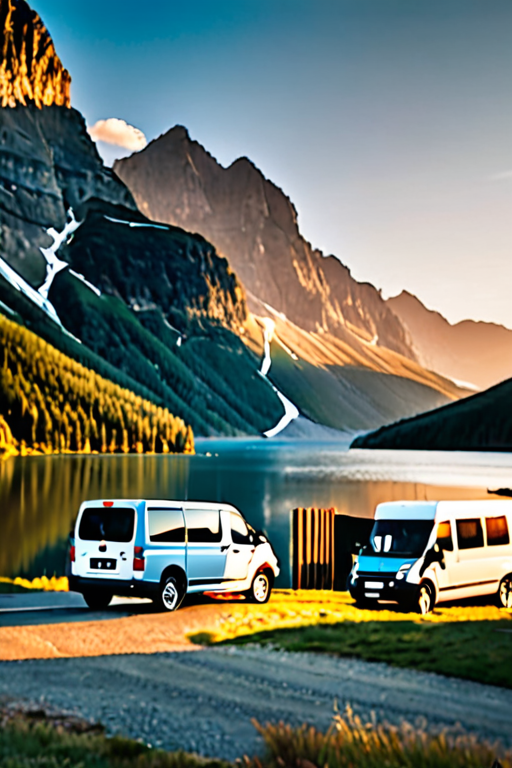 van with beautiful mountains and a lake in the background with sunset