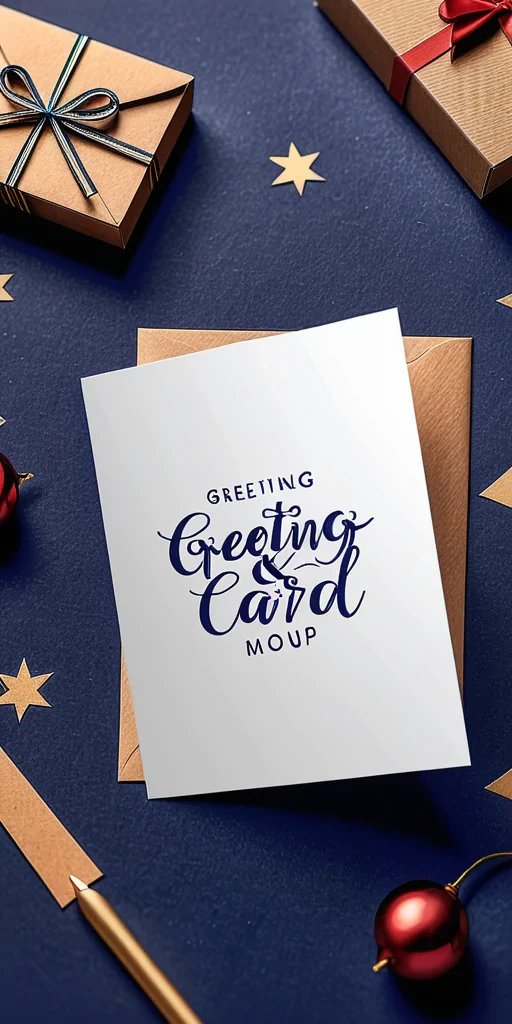 Festive Greeting Card Surrounded by Holiday Gifts and Decorative Elements