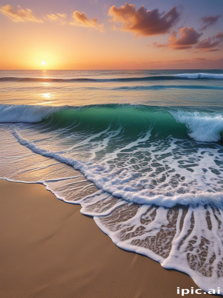 Serene Sunset Over Gentle Waves Crashing on Golden Sandy Beach