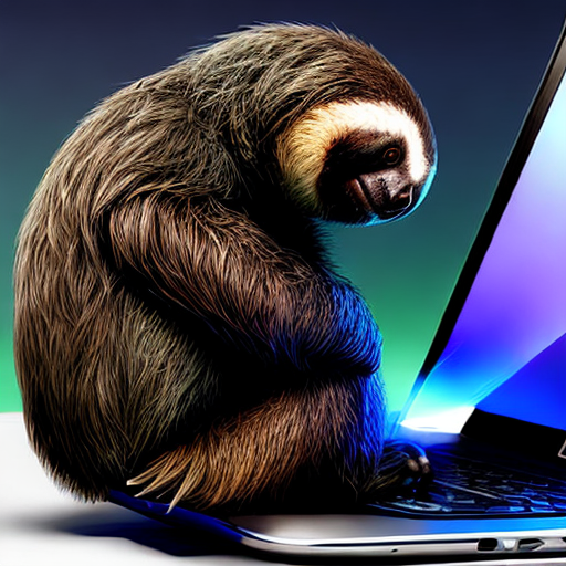 A sloth sleeping in front of a laptop rendered in a futuristic style