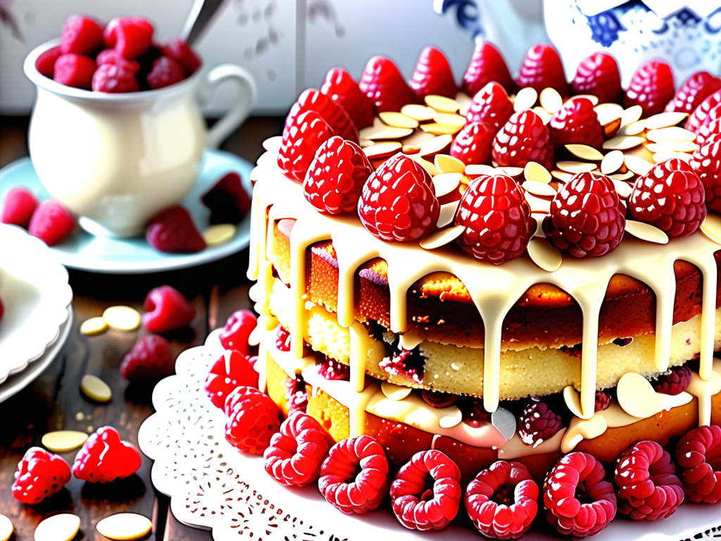Deliciously Decorated Raspberry and Almond Layer Cake with Creamy Drizzle