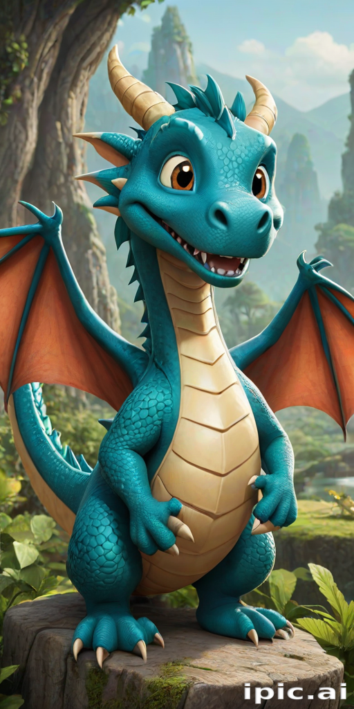 A Cheerful Cartoon Dragon with Vibrant Blue Scales and Friendly Smile.